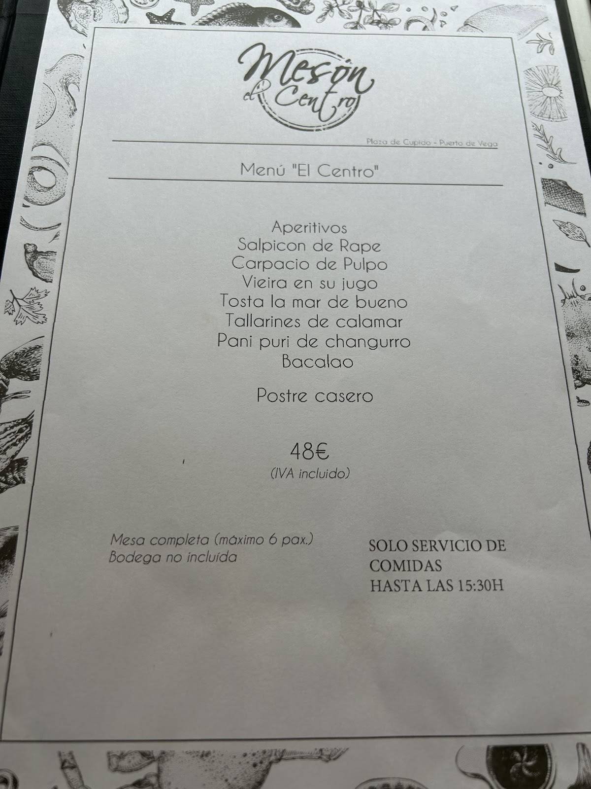 Carta del restaurante Mesón El Centro, Puerto del Vega, Pl. Cupido