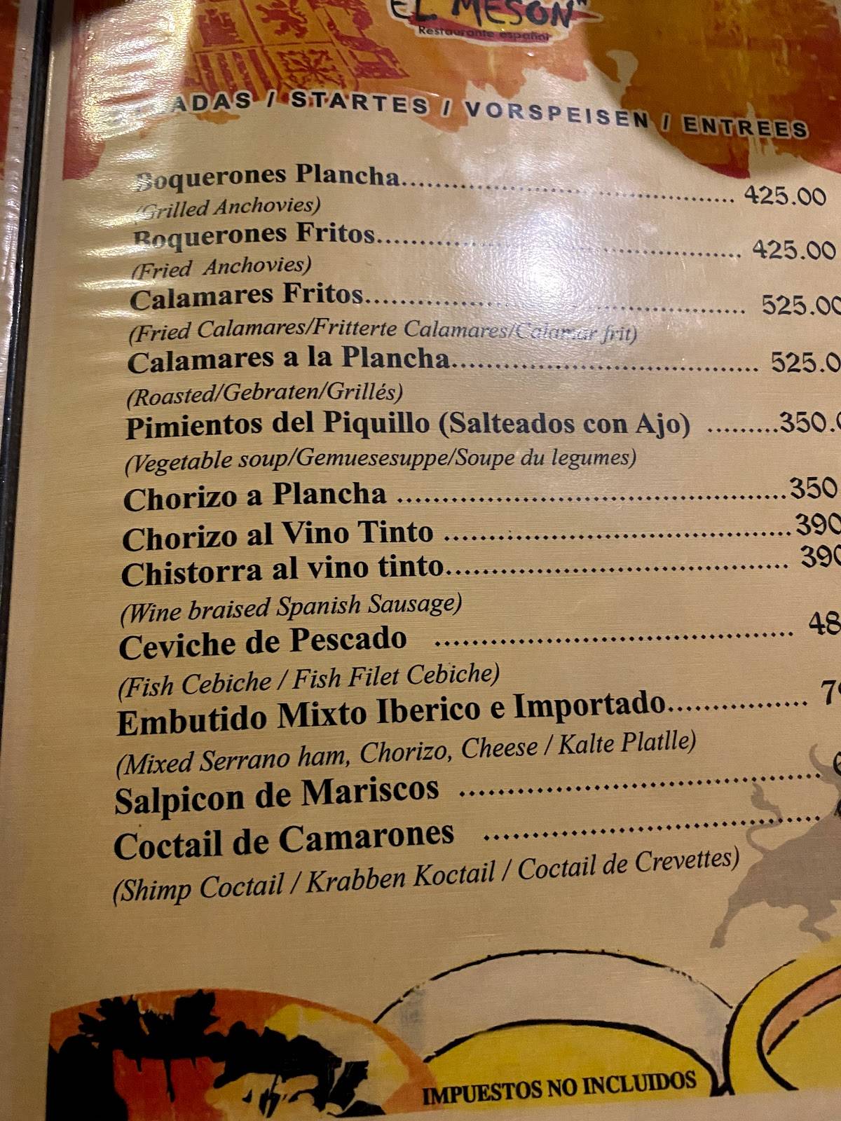 Carta de Restaurante el Mesón Español, Playa Juan Dolio