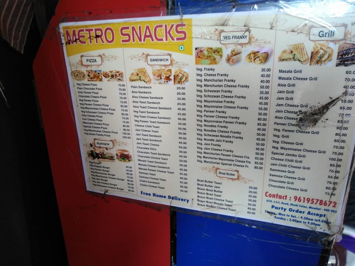 Menu at Metro Snacks, Mumbai