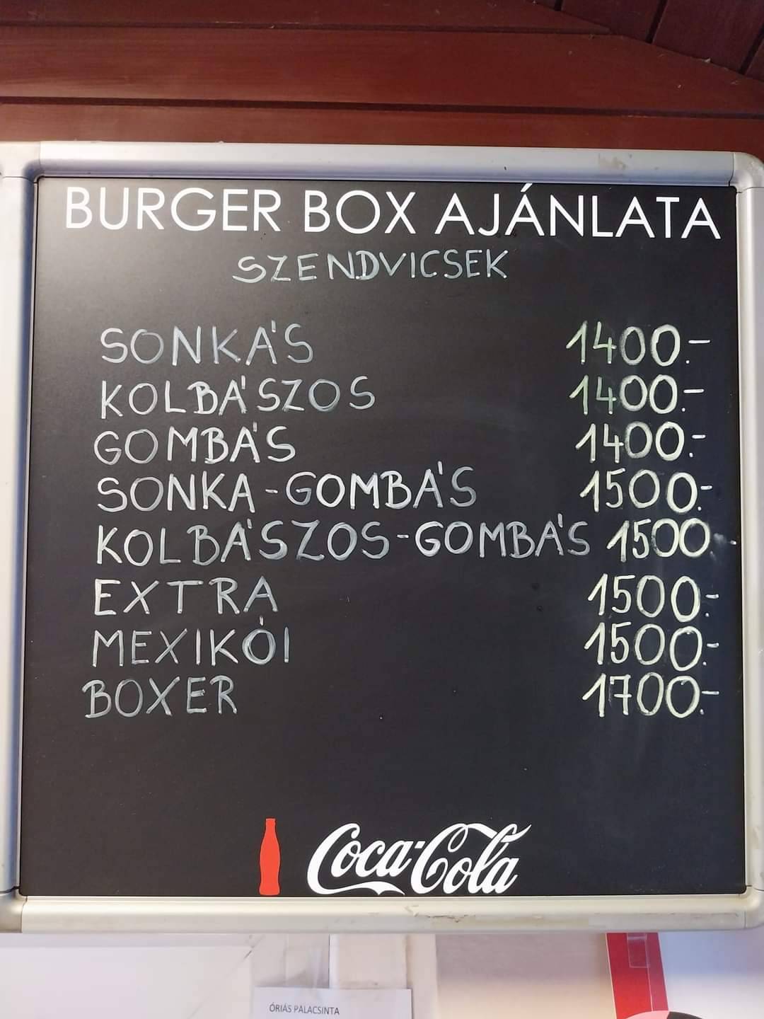 Menu at Burger Box restaurant, Mezőberény