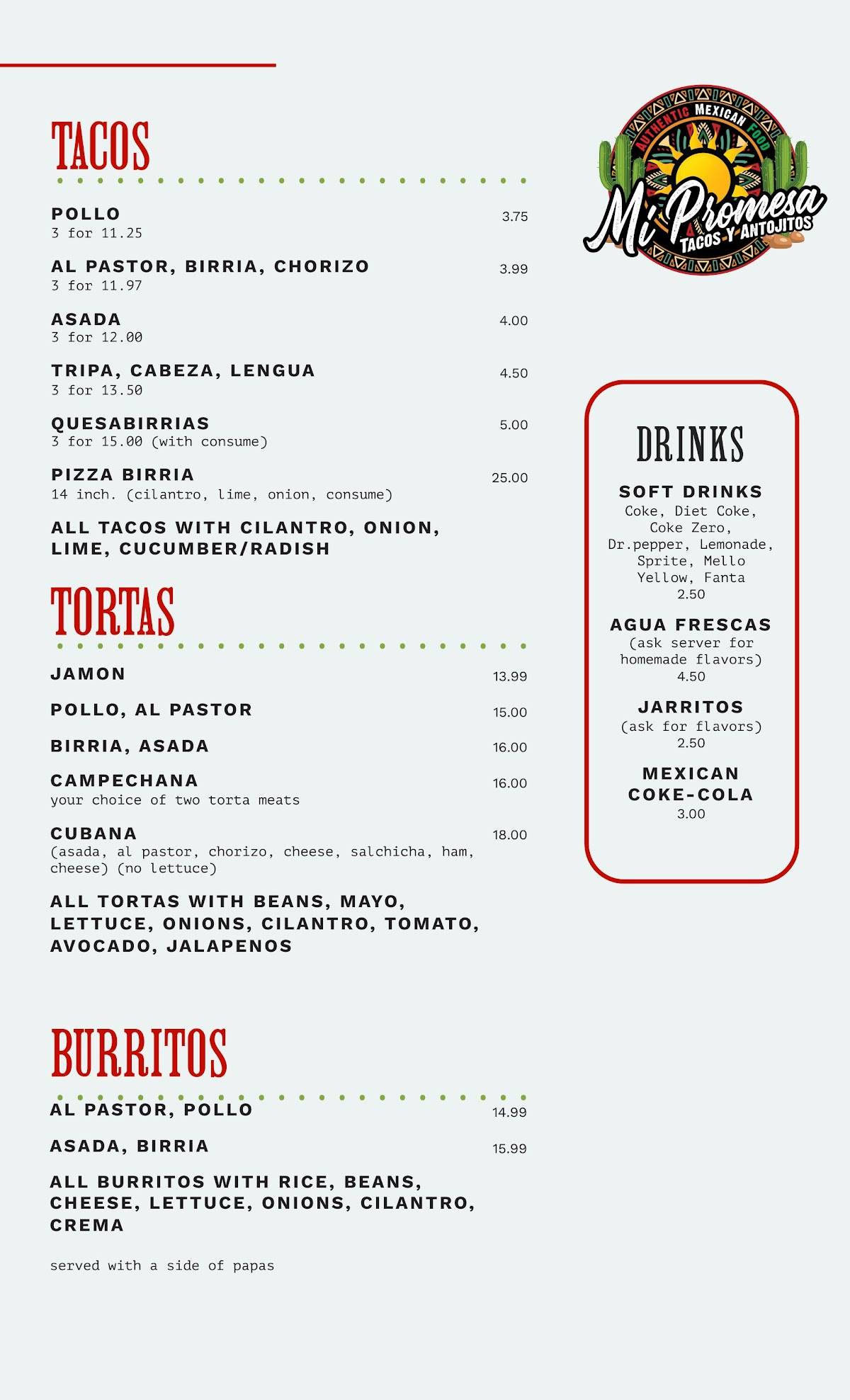 Menu at Mi Promesa Authentic Mexican Food, Sumter