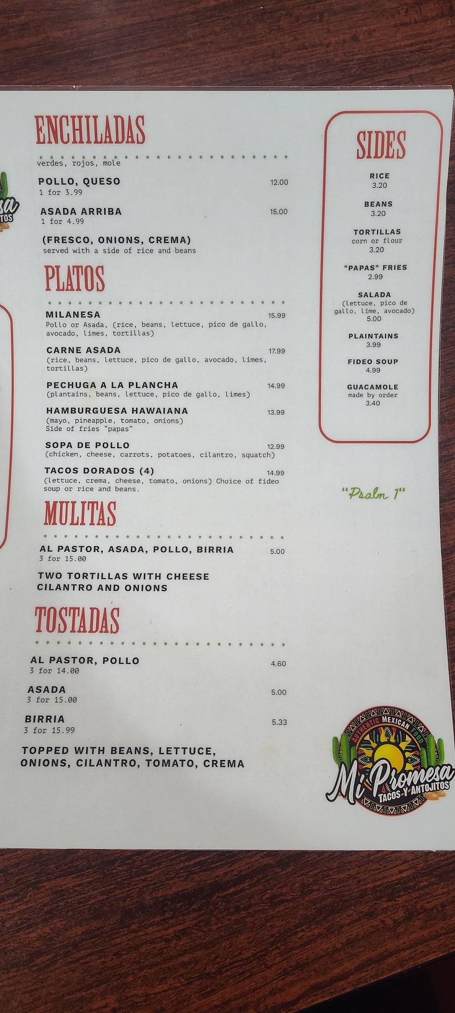 Menu at Mi Promesa Authentic Mexican Food, Sumter