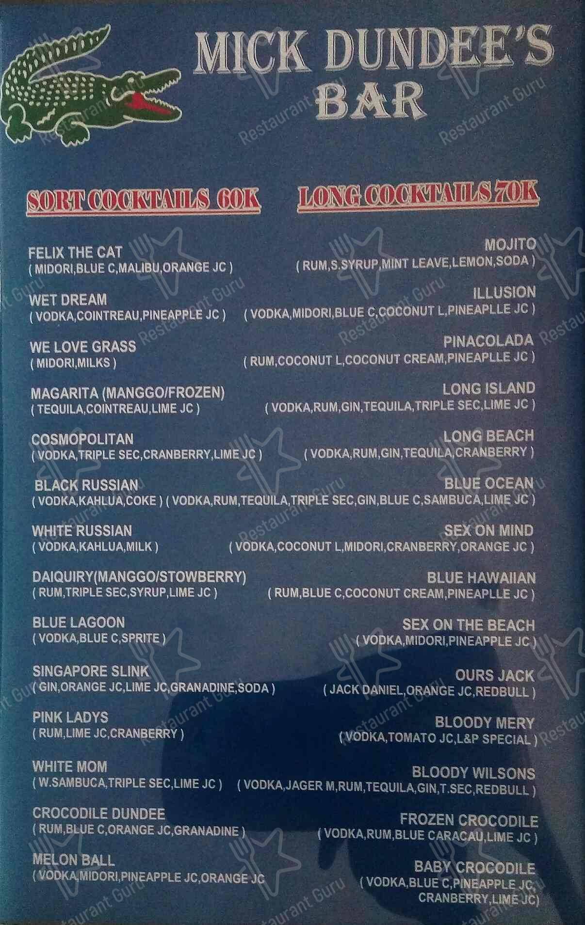 Menu at Mick Dundee's Bar, Mengwi