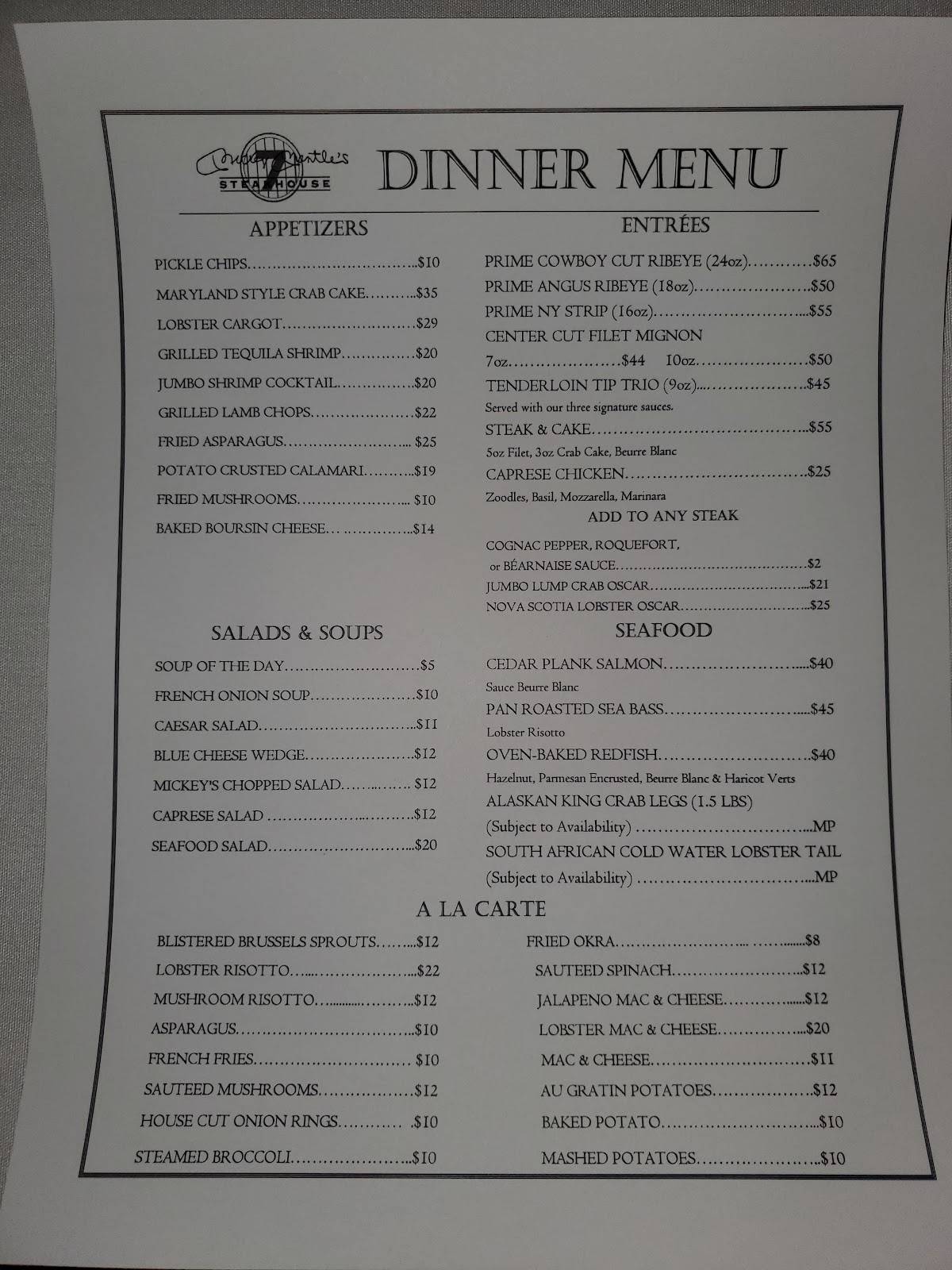 Menu at Mickey Mantle's Steakhouse, Oklahoma City, 7 S Mickey Mantle Dr
