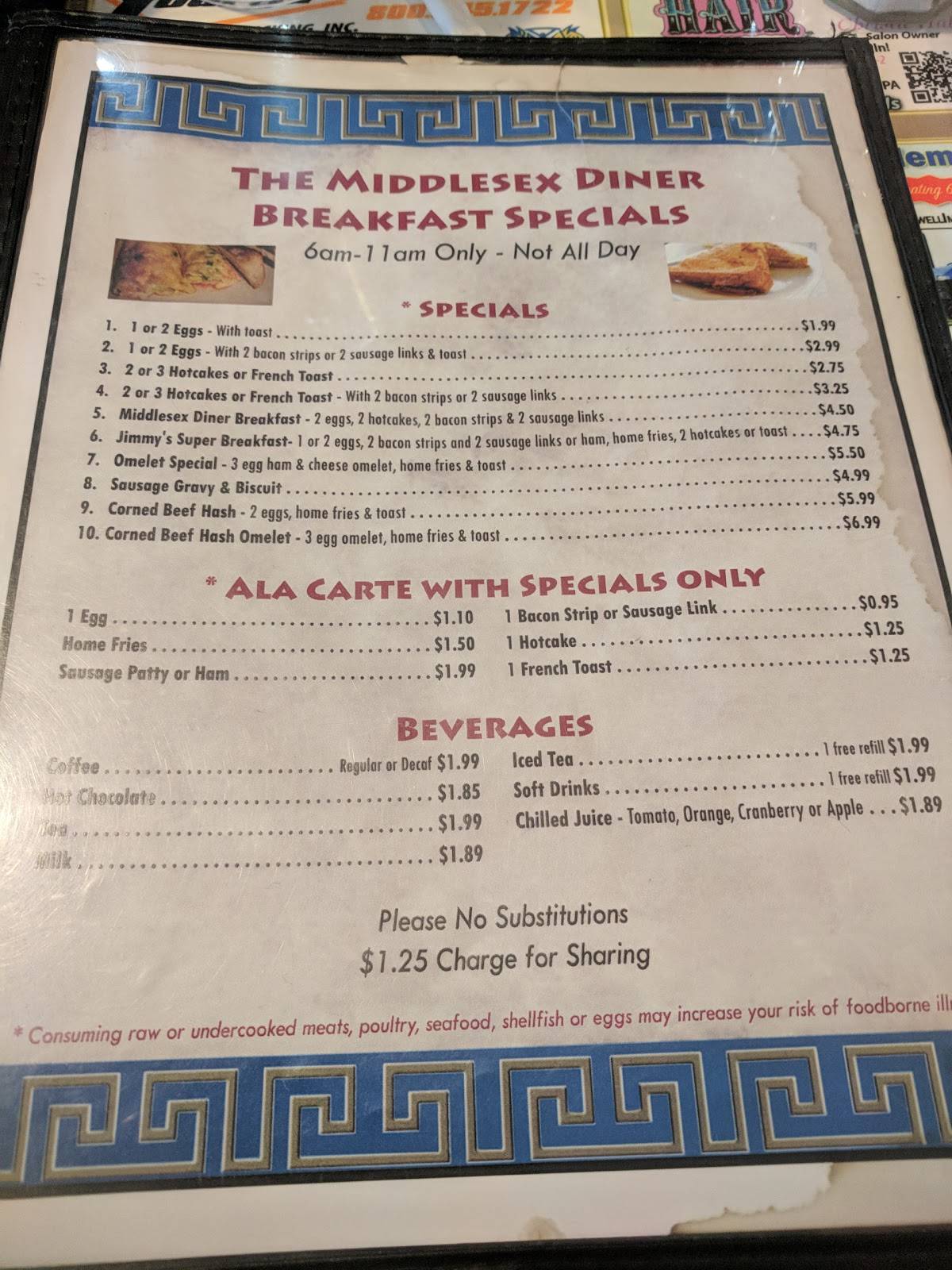 Menu at Middlesex Diner restaurant, West Middlesex