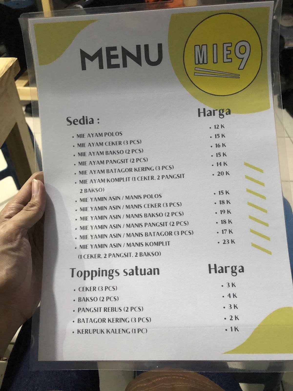 Menu at Mie 9 - mie ayam, mie yamin dan mie bakso restaurant, Tangerang