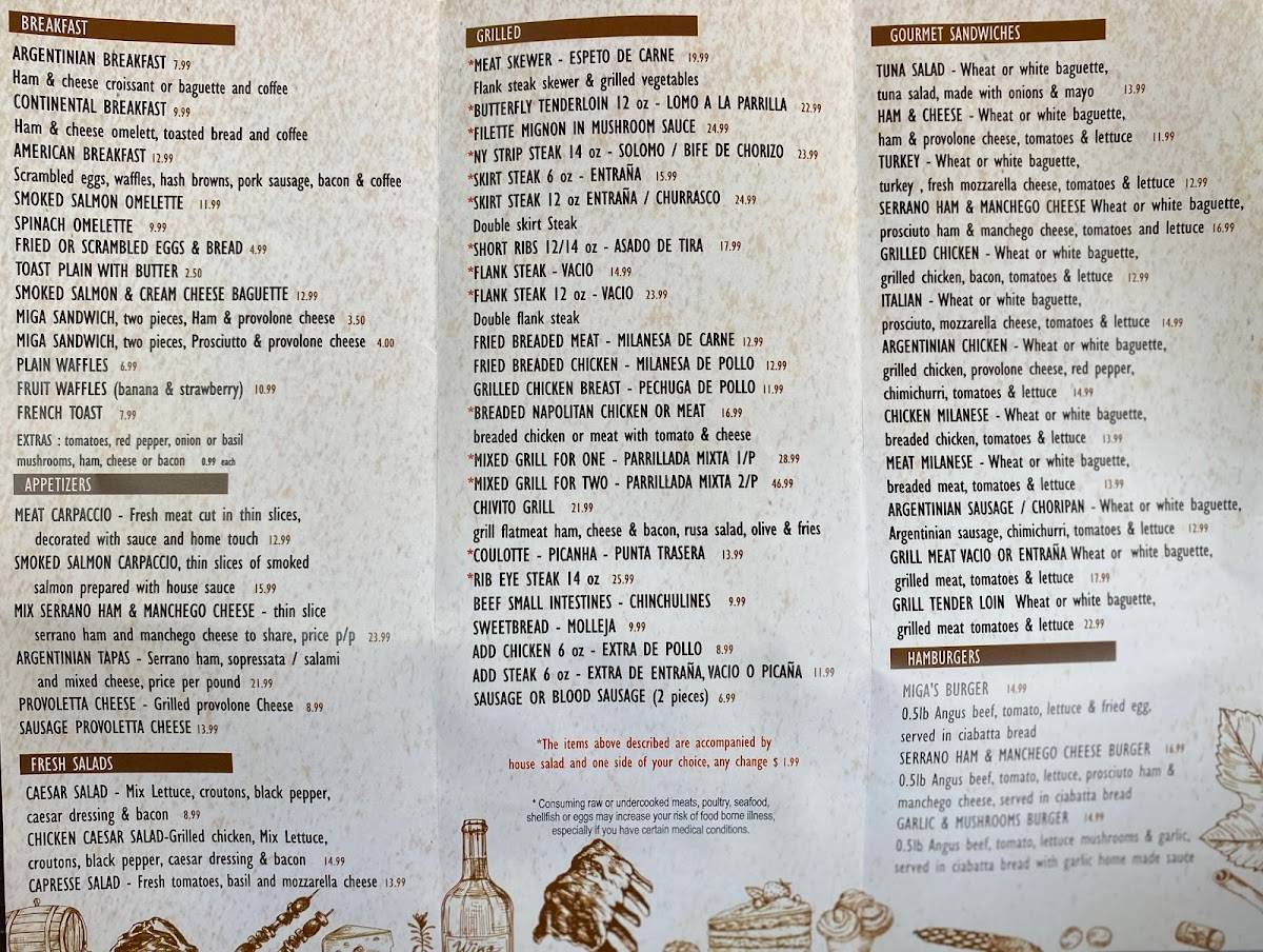 Menu at Miga's Steakhouse, Miramar