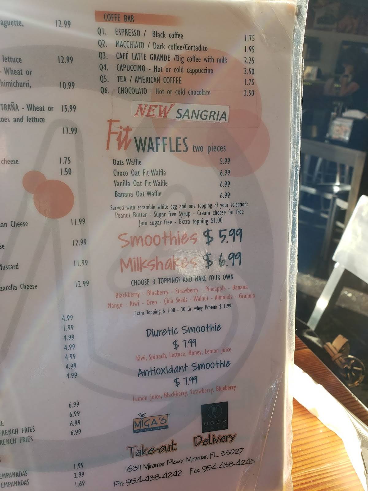Menu at Miga's Steakhouse, Miramar