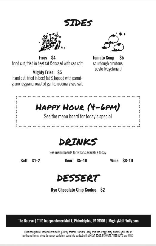 Menu at Mighty Melt restaurant, Philadelphia