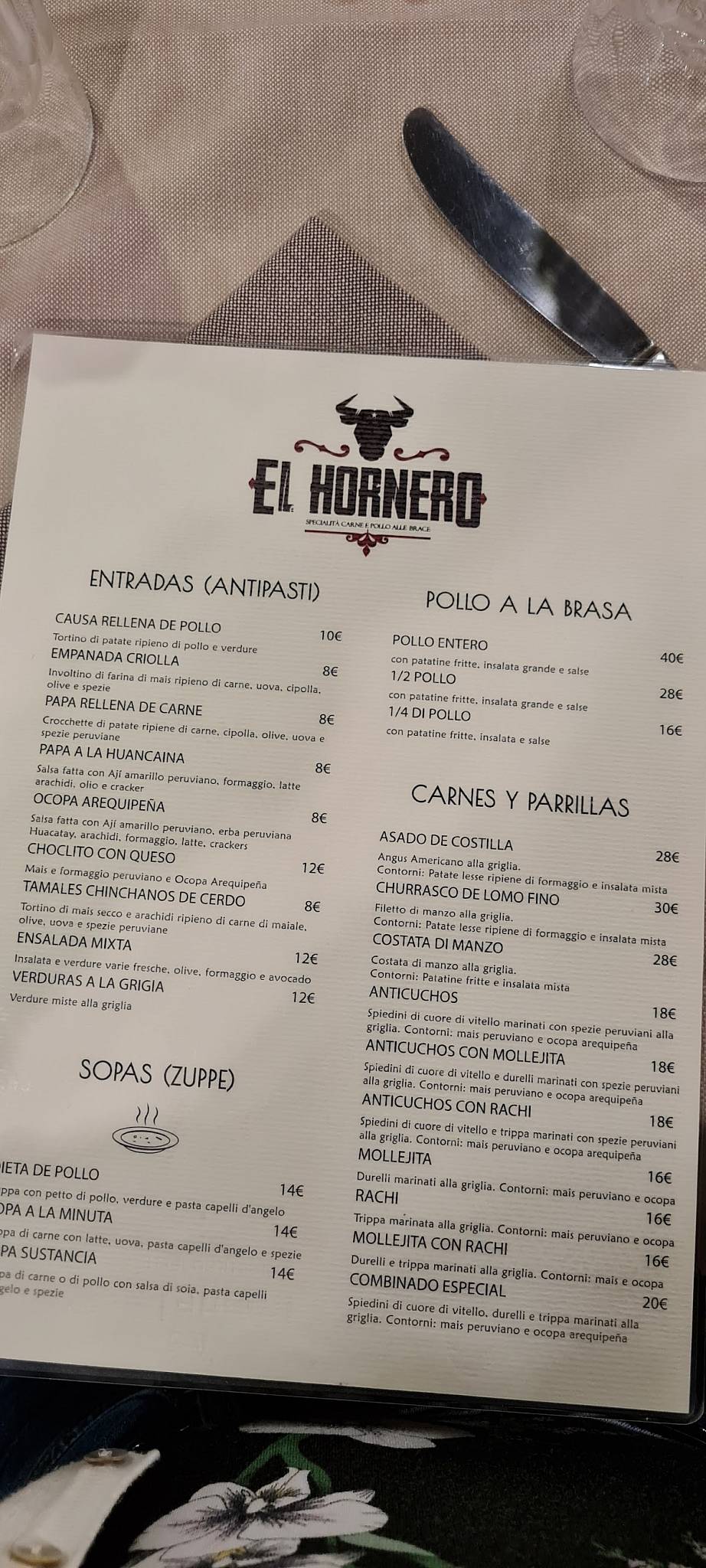Speisekarte von El Hornero steakhaus, Mailand, Piazza Monte Titano