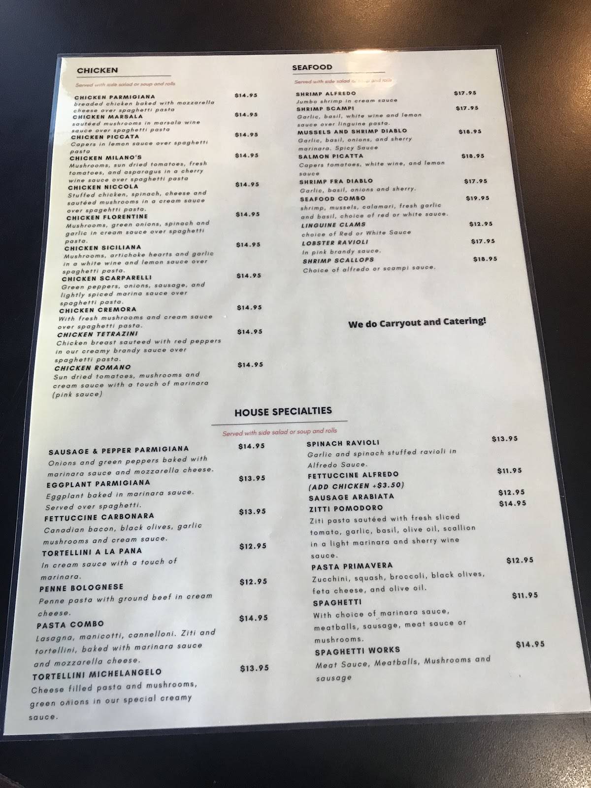 Menu at Milano’s Italian Grill restaurant, Maumelle