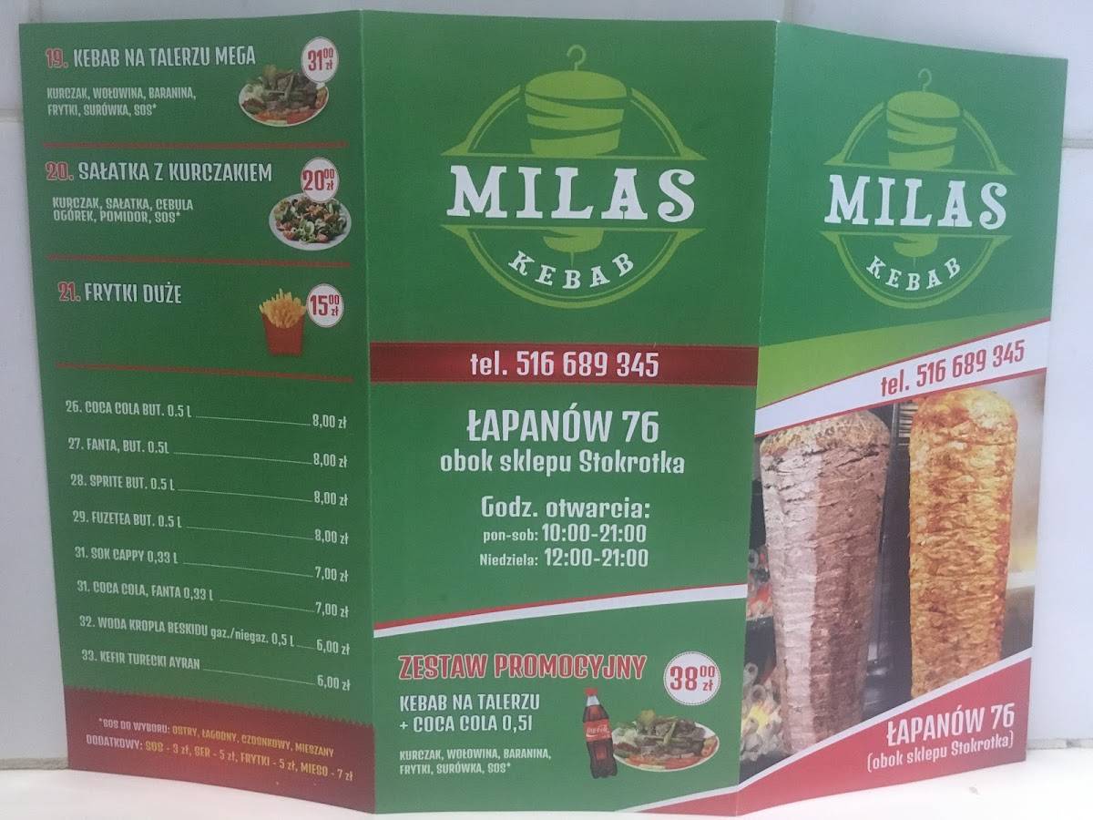 Menu at Milas Kebab Łapanów, Łapanów