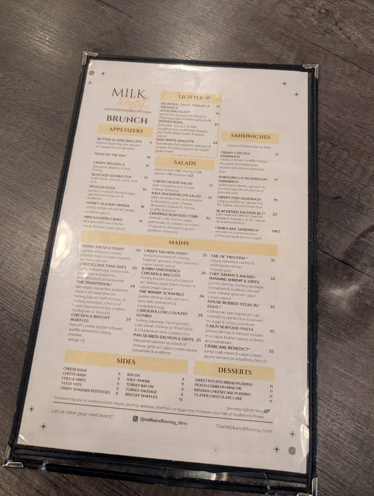 Menu at Milk & Honey Southern Inspired Kitchen restaurant, Camp Springs