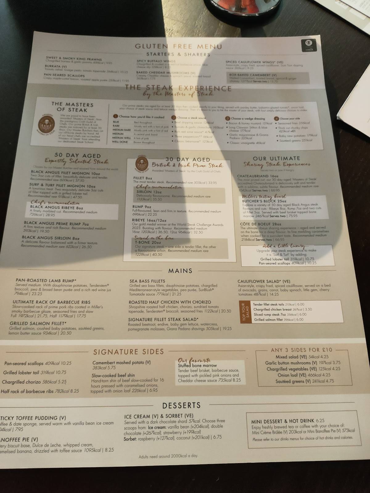 Menu at Miller & Carter Southampton steakhouse, Bursledon