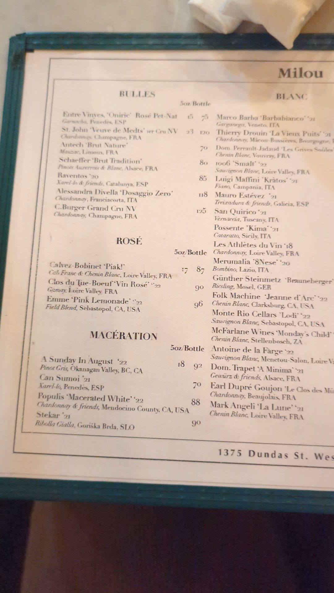 Menu at Milou cafe, Toronto