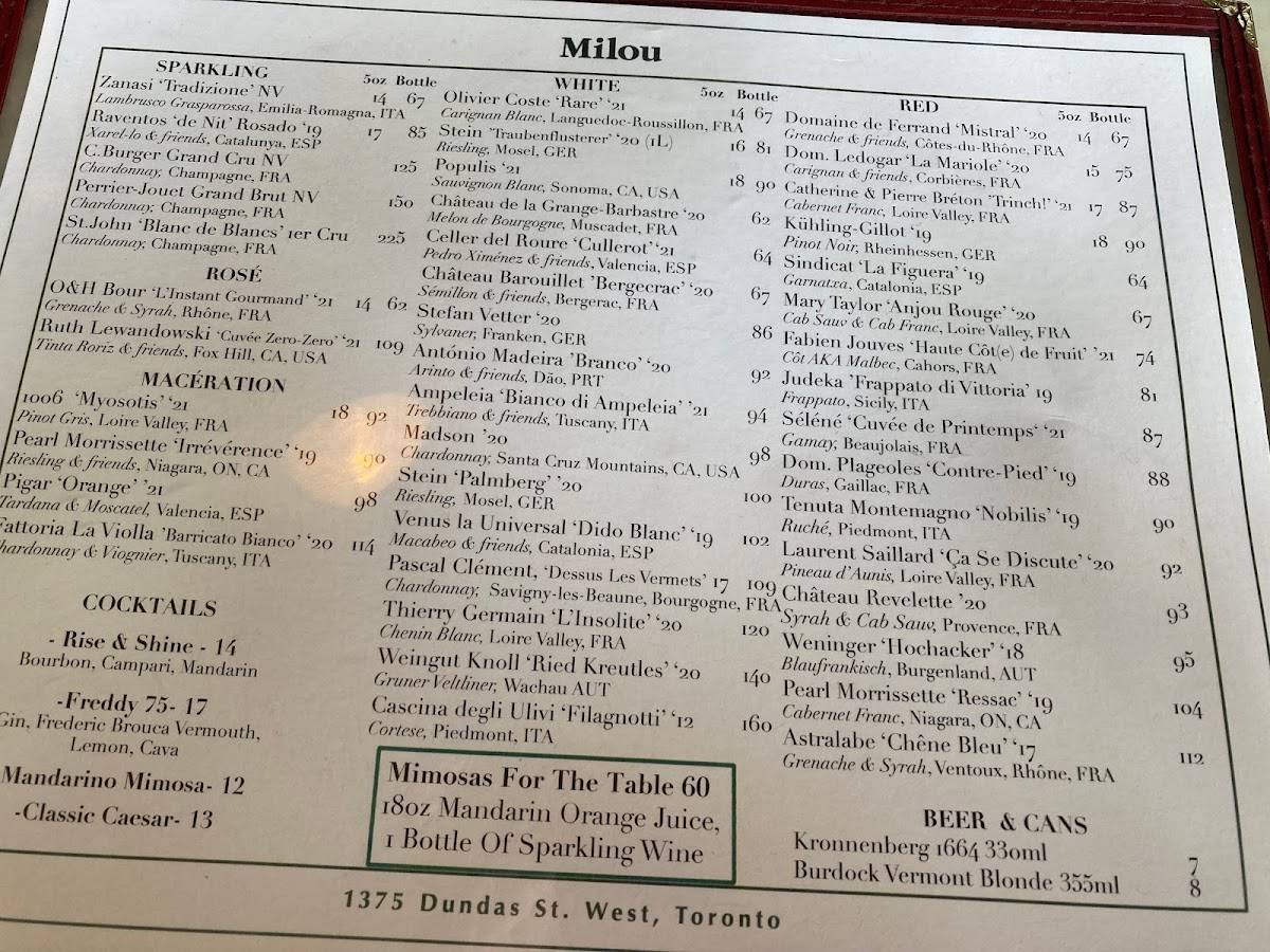 Menu at Milou cafe, Toronto