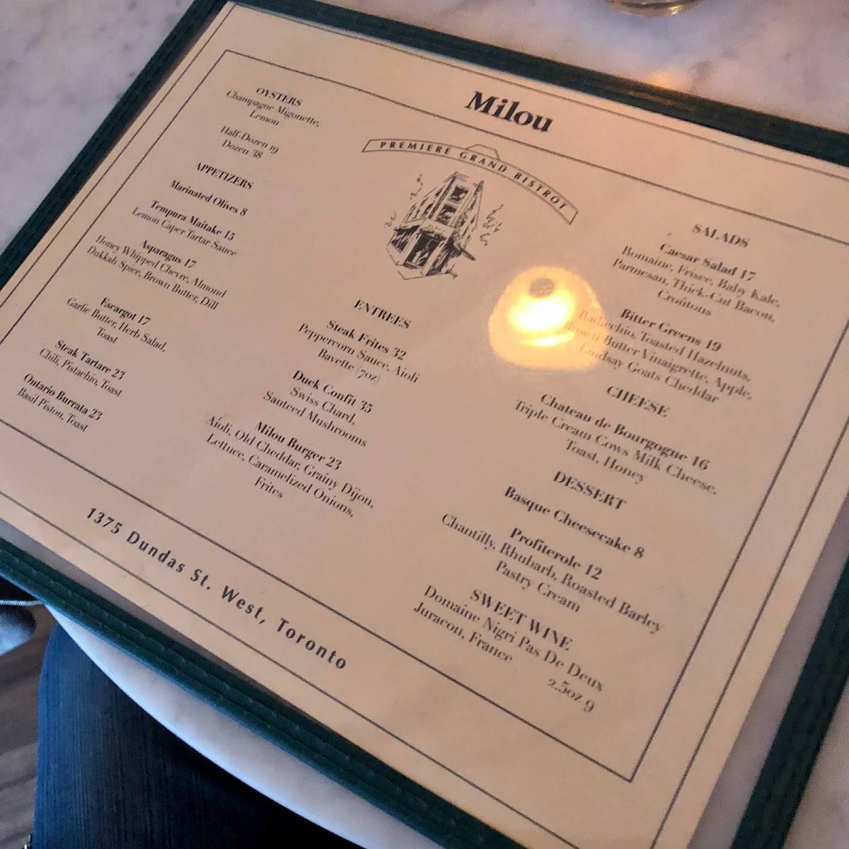 Menu at Milou cafe, Toronto
