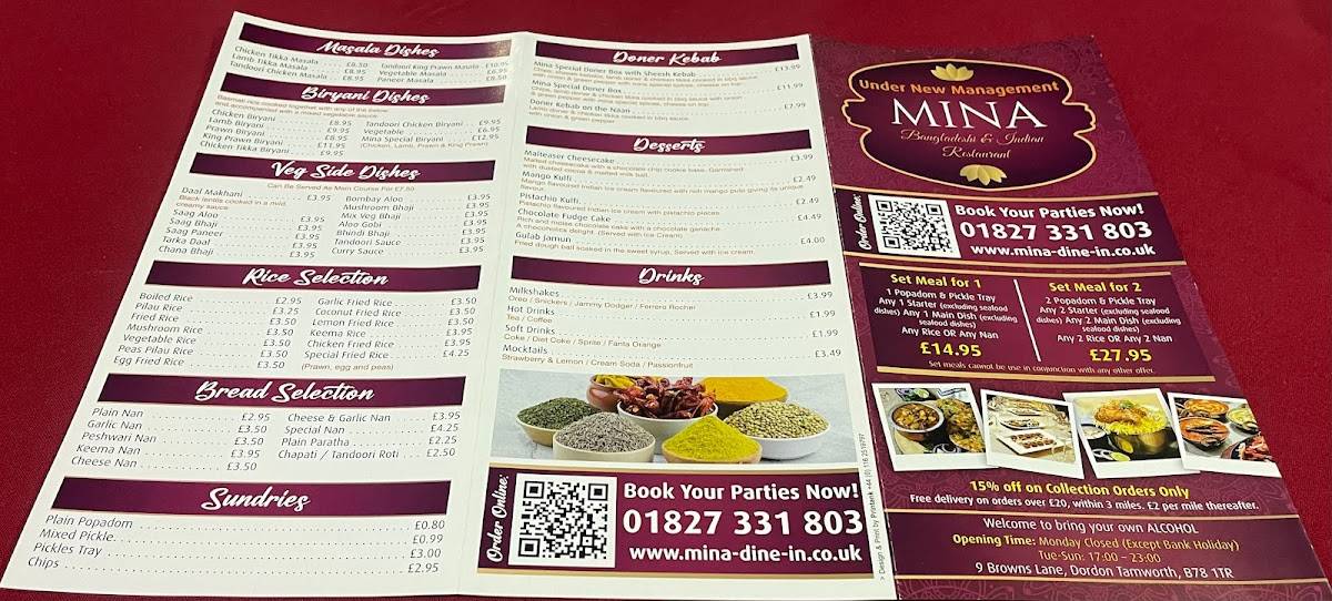 Menu at Mina Restaurant & Takeaway (Dordon), Tamworth, 9 Browns Ln
