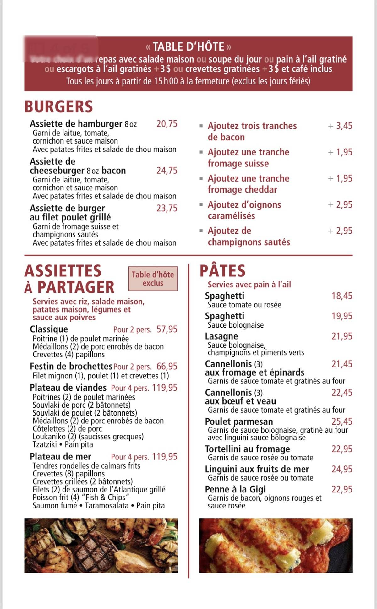 Menu au Resto St-Augustin restaurant, Mirabel, Rue de St Augustin