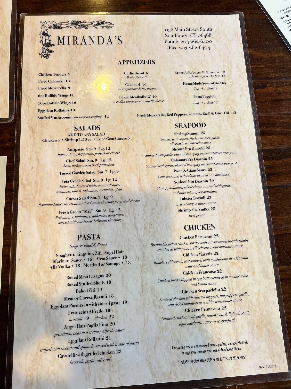 Menu at Miranda's Pizza & Restaurant, Southbury