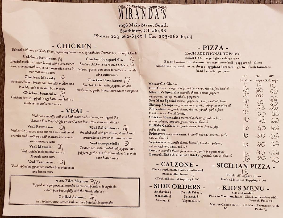 Menu at Miranda's Pizza & Restaurant, Southbury