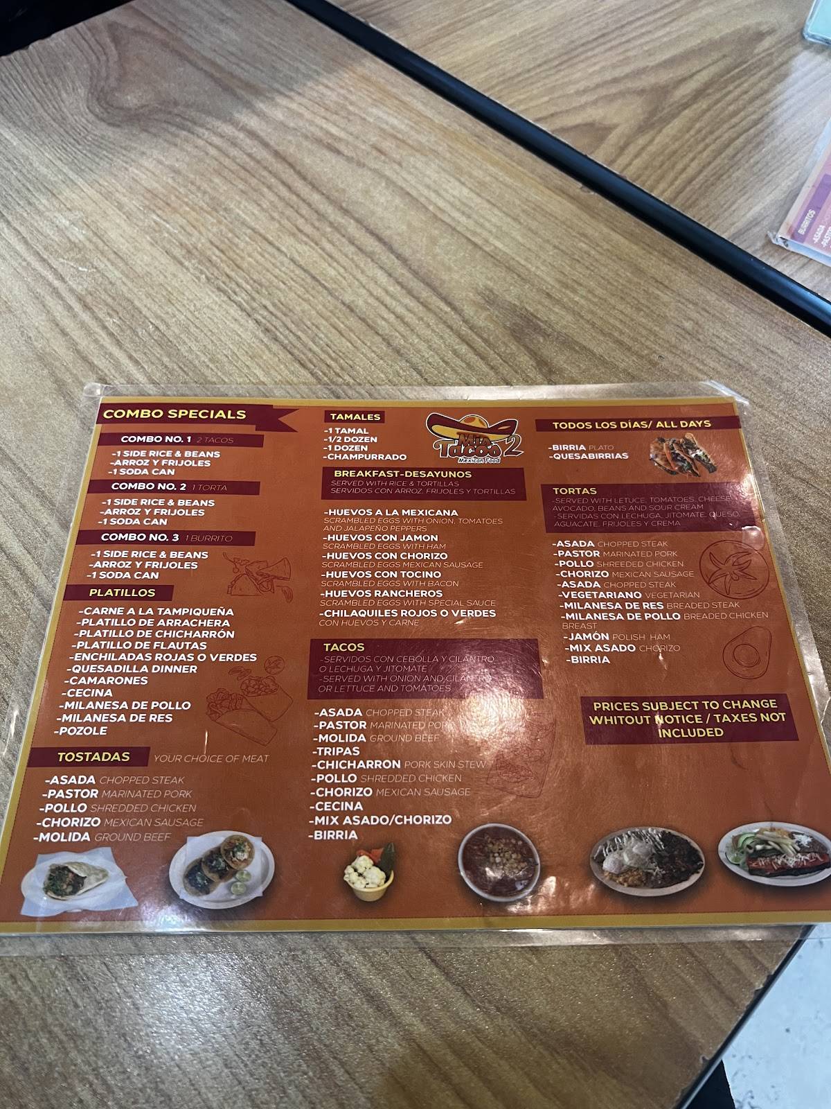 Menu at Mis Tacos 2 restaurant, Carol Stream