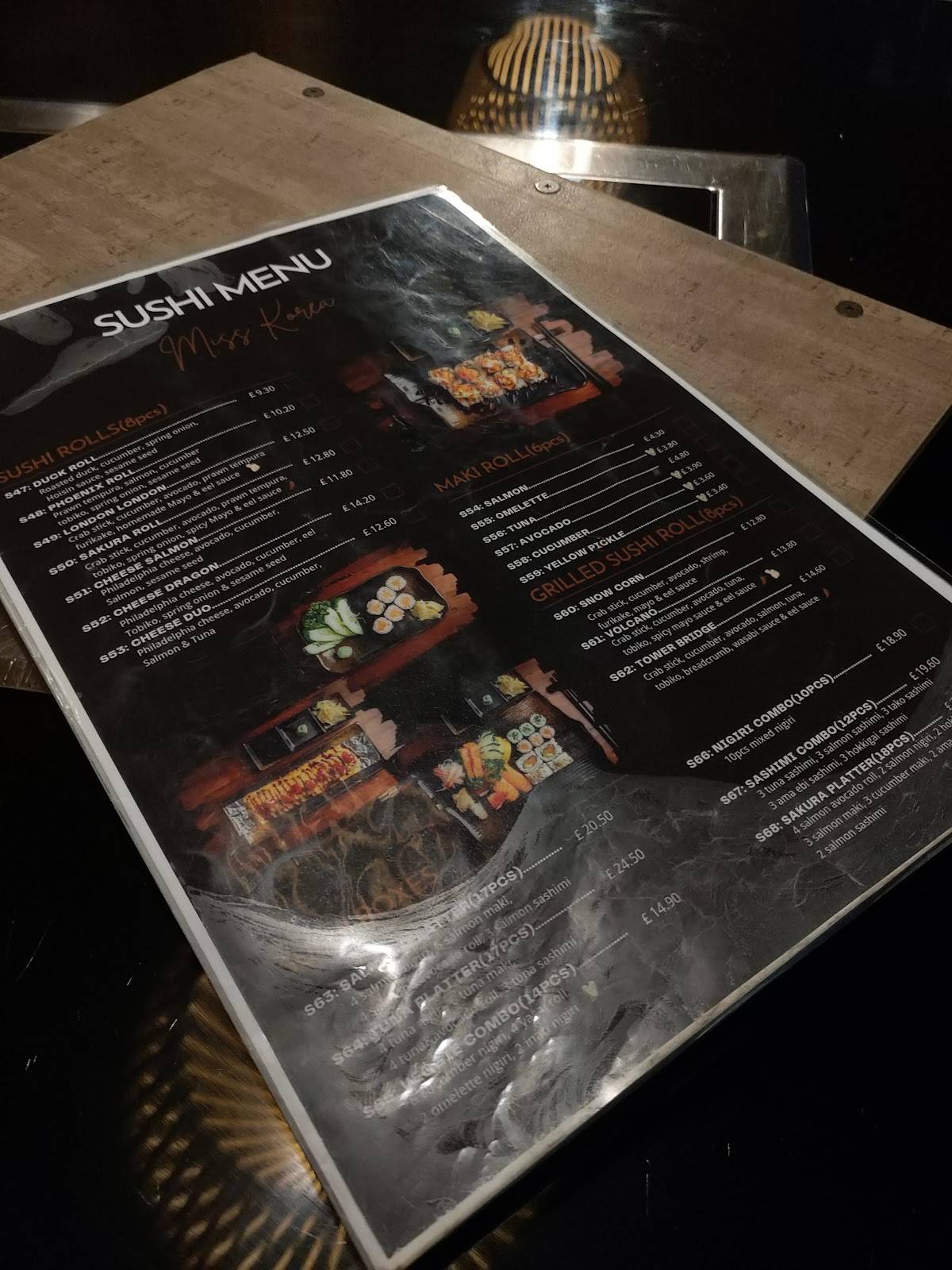 Menu at Miss Korea Restaurant, Nottingham