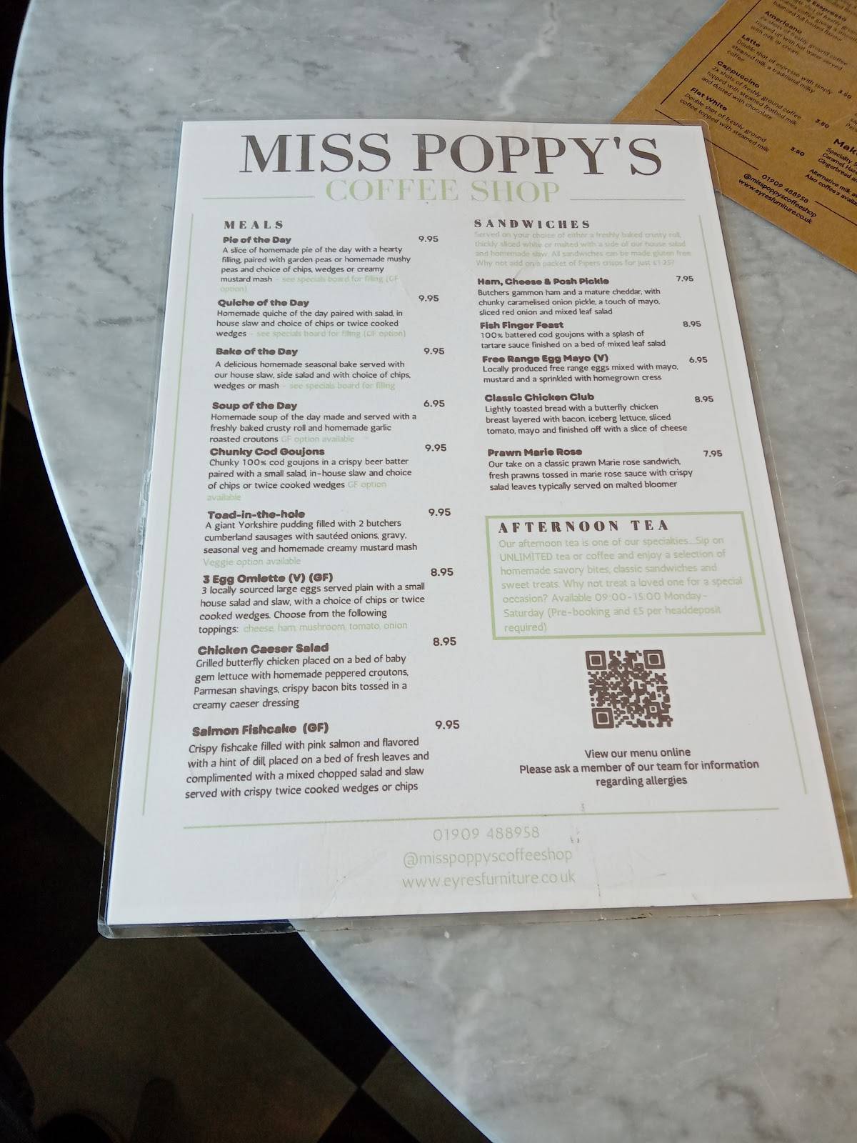 Menu at Miss Poppy's Coffee Shop cafe, Worksop