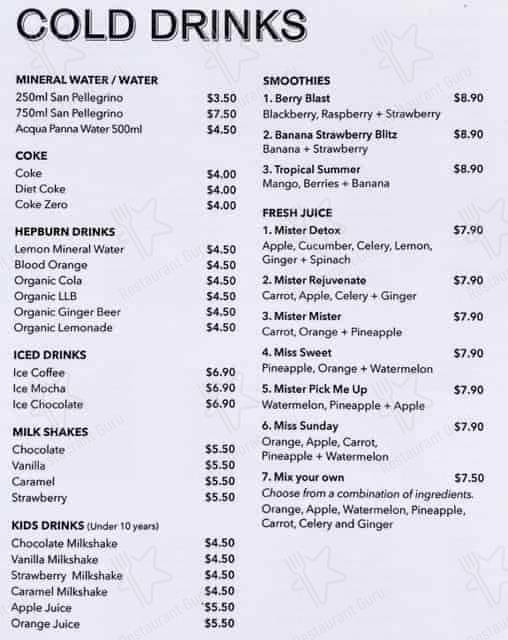 Menu at Mister and Miss cafe, Mont Albert