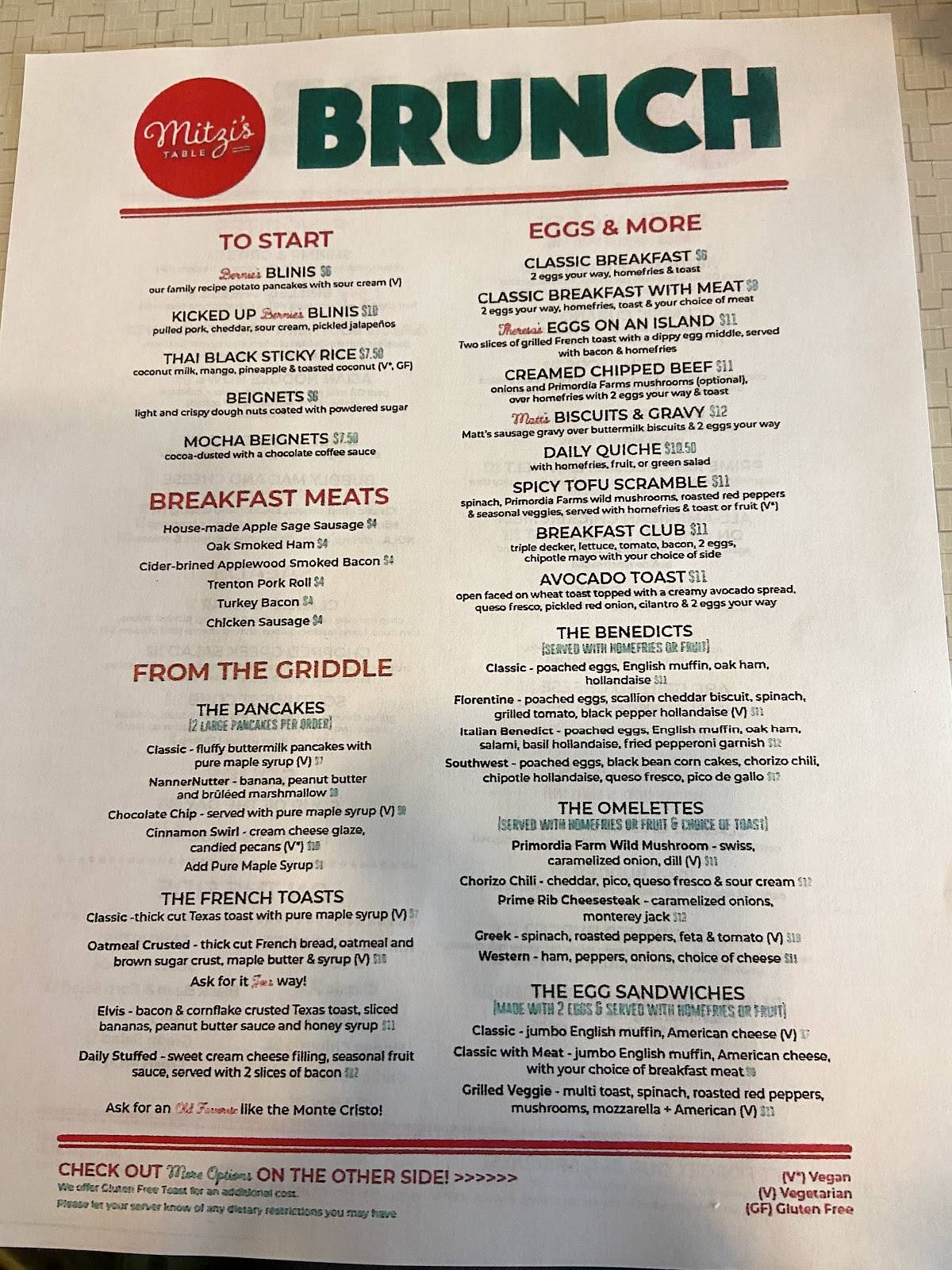 Menu at Mitzi's Table restaurant, Bethlehem