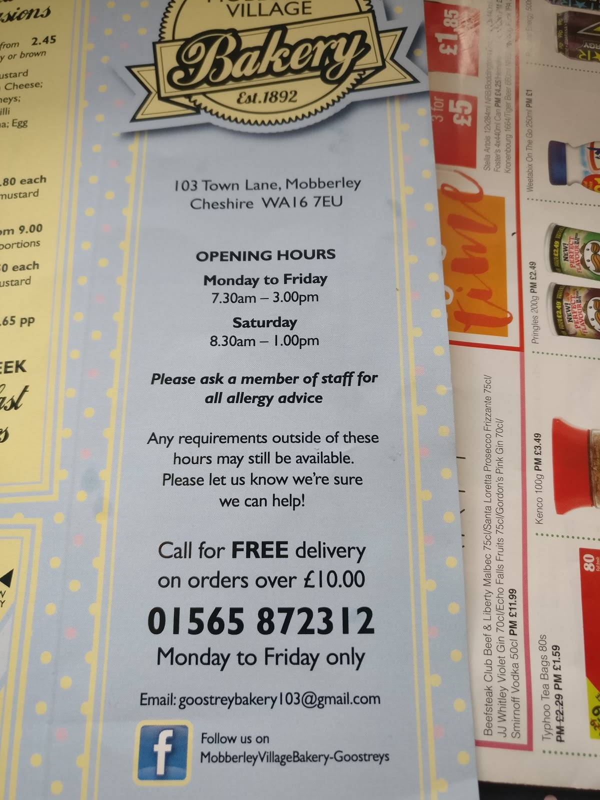 Menu at Mobberley Village Bakers restaurant, Knutsford