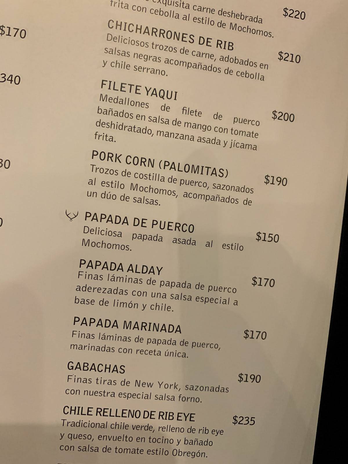 Carta del restaurante Mochomos Aguascalientes, Aguascalientes