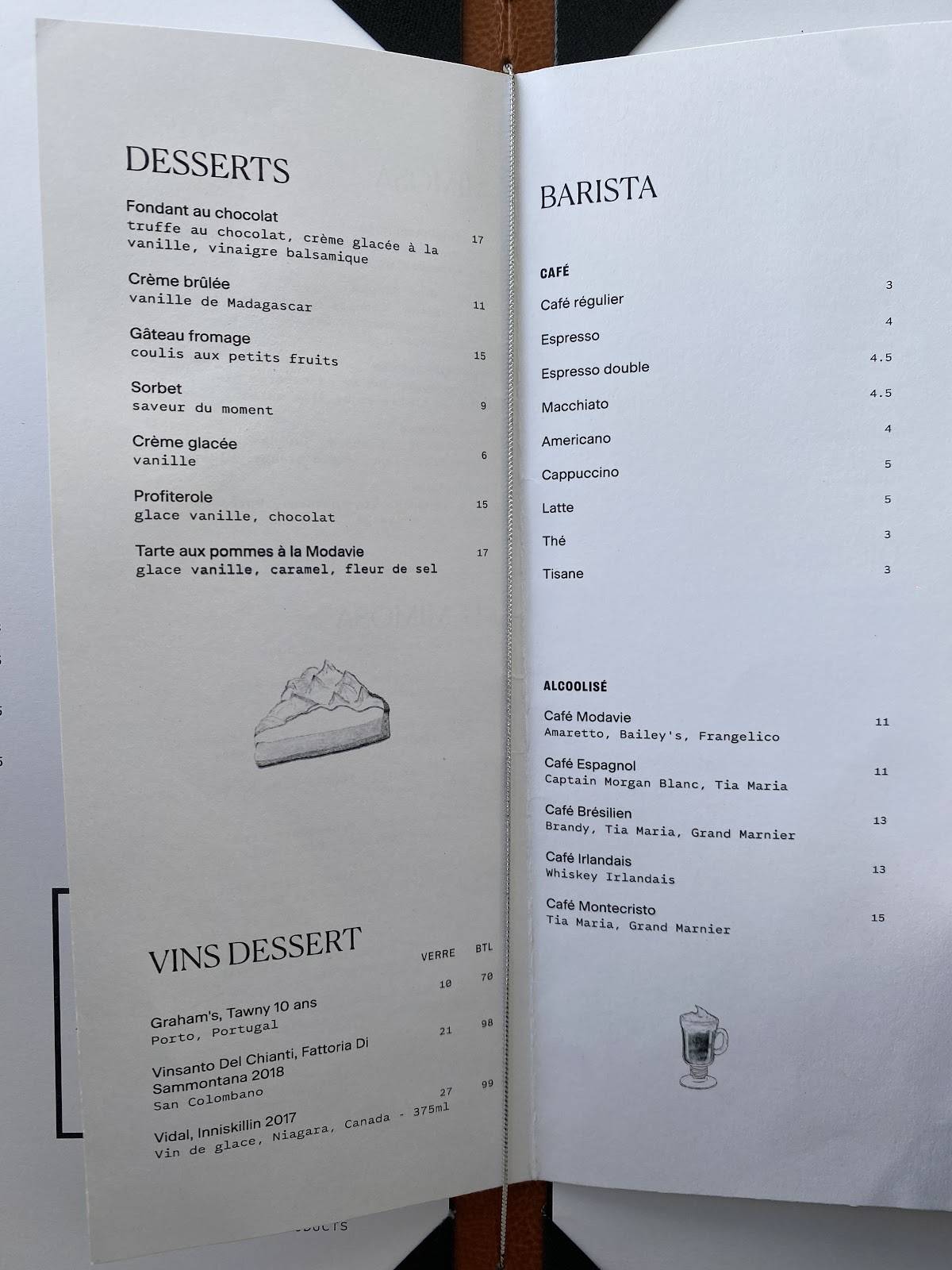 Menu at Modavie restaurant, Montréal, 1 Saint-Paul St W