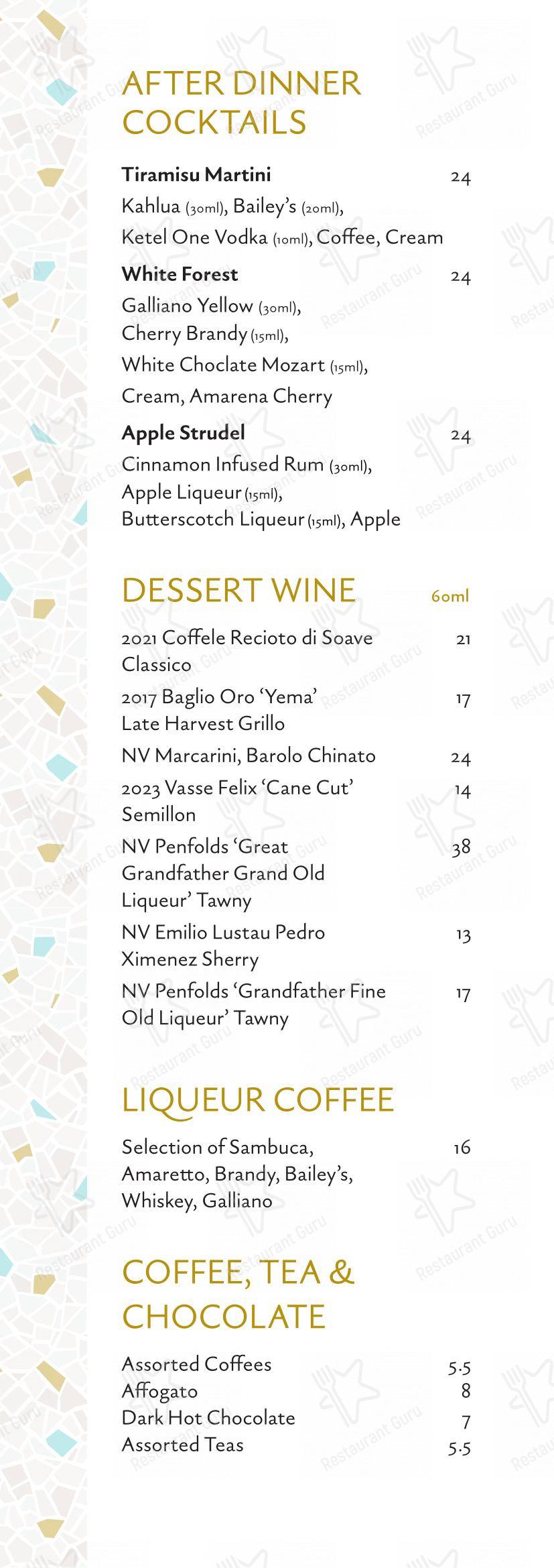Menu at Modo Mio restaurant, Burswood, Crown Perth