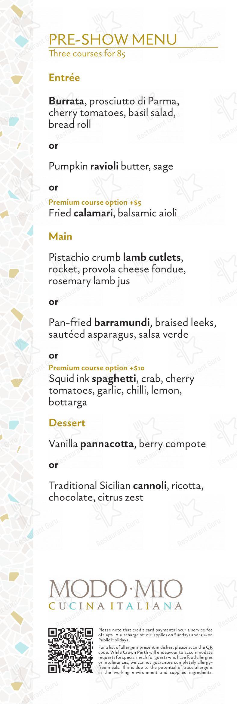 Menu at Modo Mio restaurant, Burswood, Crown Perth
