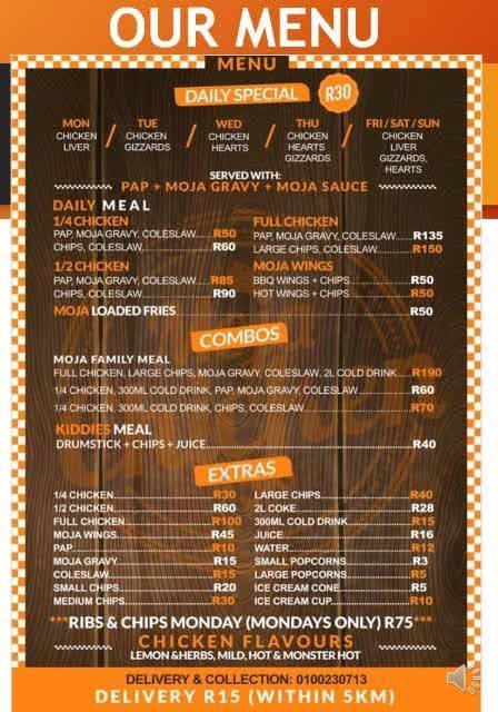 Menu at Moja Chicken restaurant, Soweto
