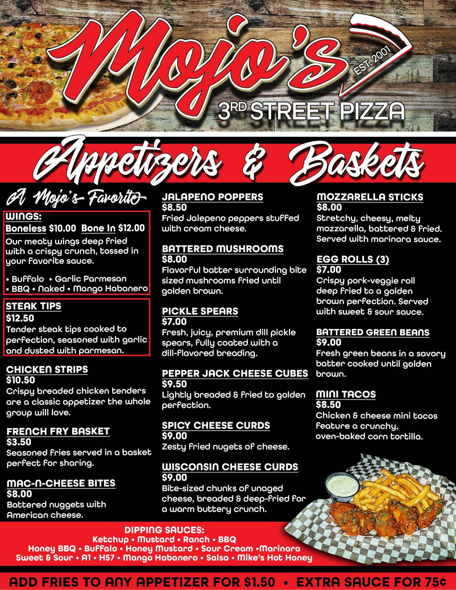 Menu at Mojo's Pizza & Spirits pizzeria, Yankton