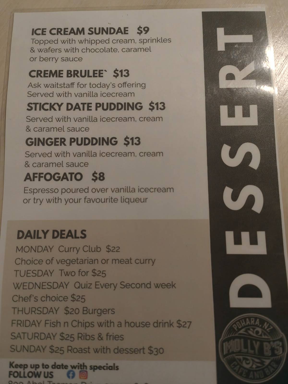 Menu at Molly B’s restaurant, Pohara