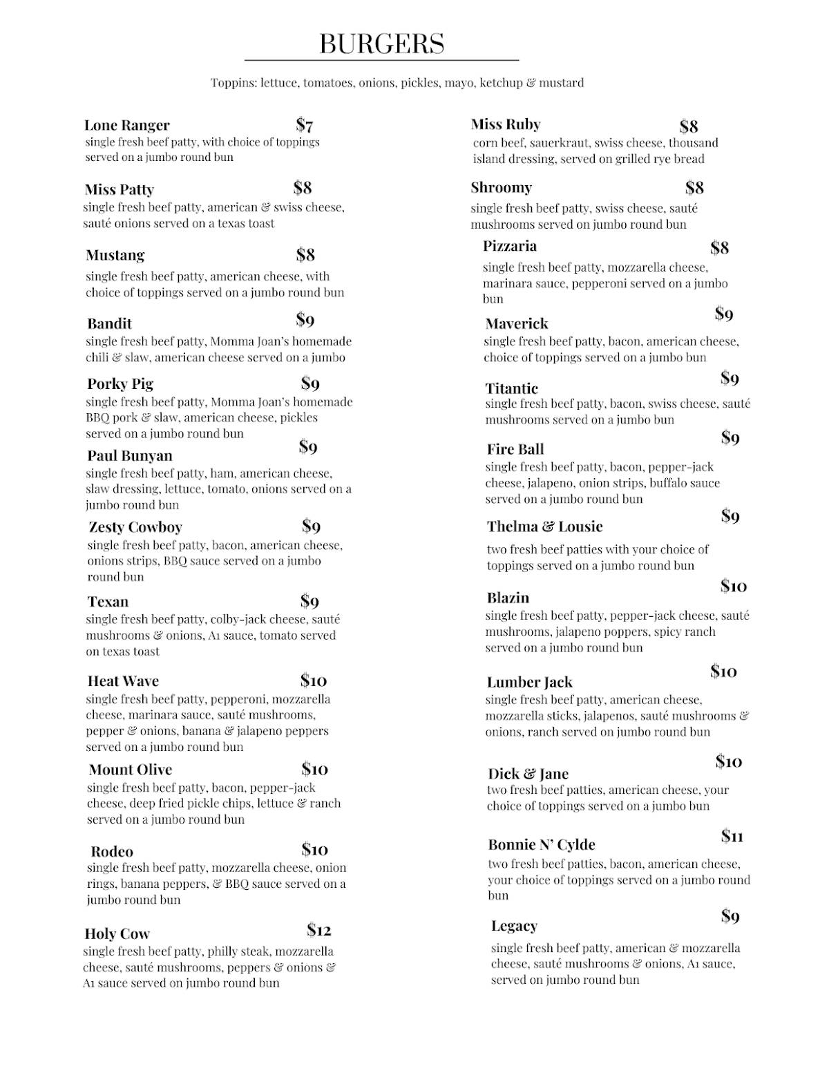 Menu at Momma Joan's Diner restaurant, Gap Mills
