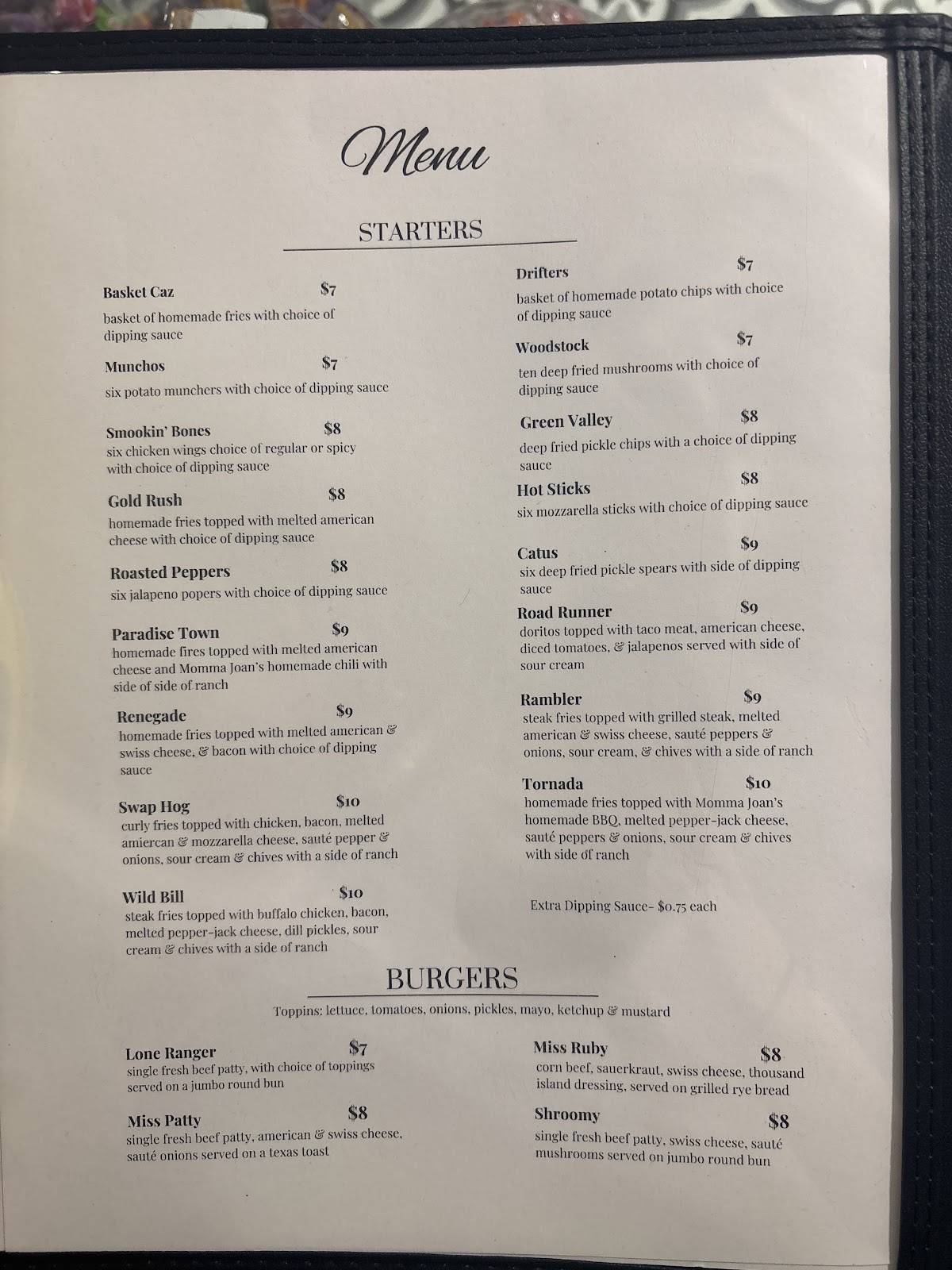 Menu at Momma Joan's Diner restaurant, Gap Mills
