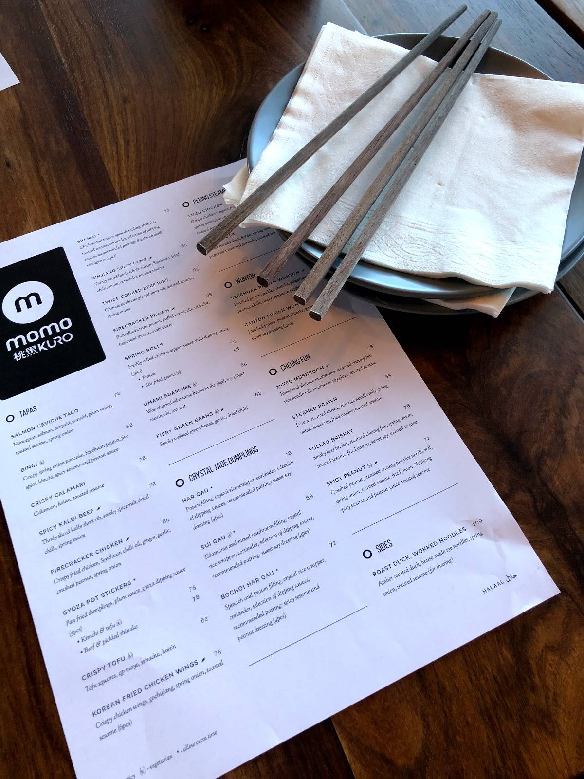 Menu at Momo Kuro restaurant, Johannesburg