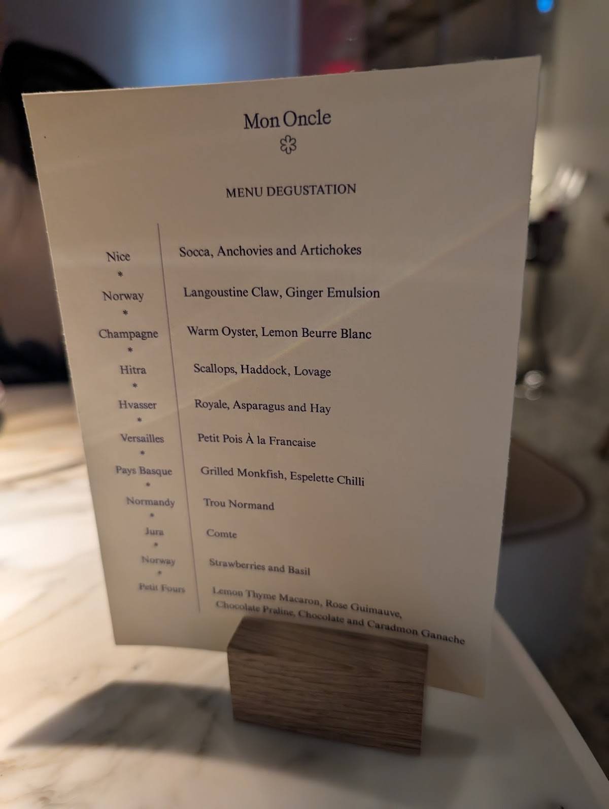 Menu at Mon Oncle restaurant, Oslo