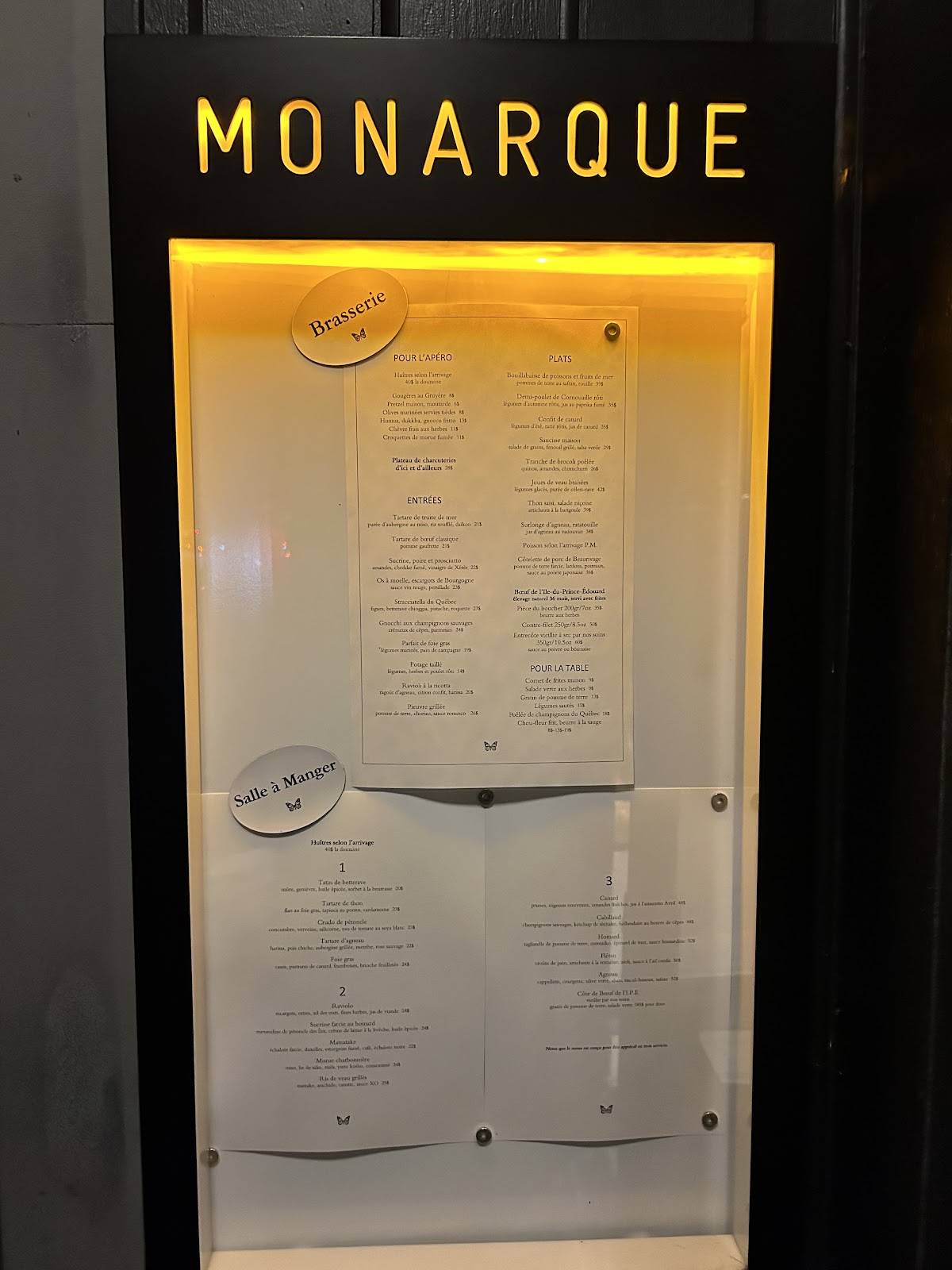 Menu at Monarque restaurant, Montréal