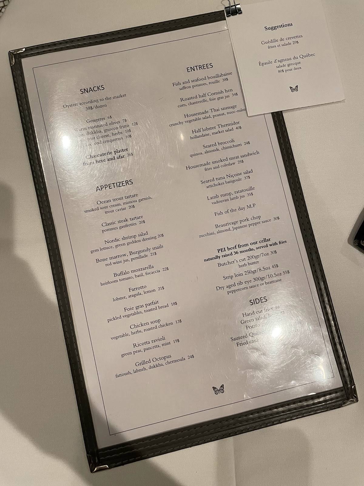 Menu at Monarque restaurant, Montréal