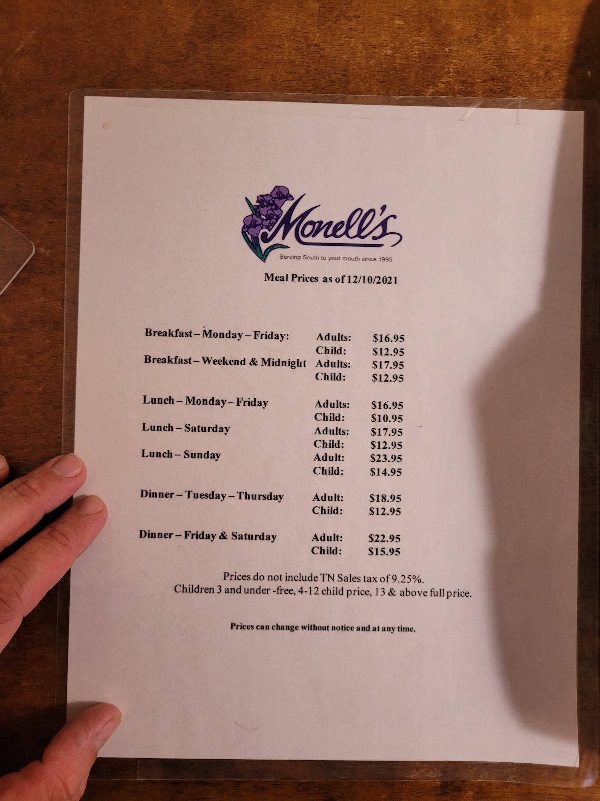 Menu at Monell's At the Manor restaurant, Nashville