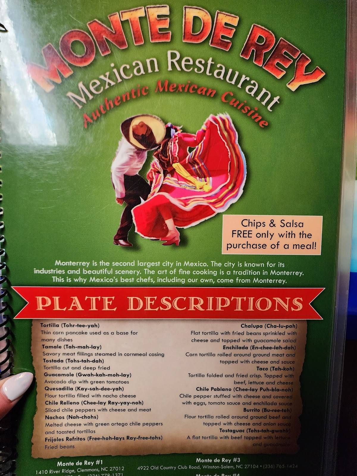Menu at Monte De Rey Mexican Restaurant, Clemmons, Harper Rd