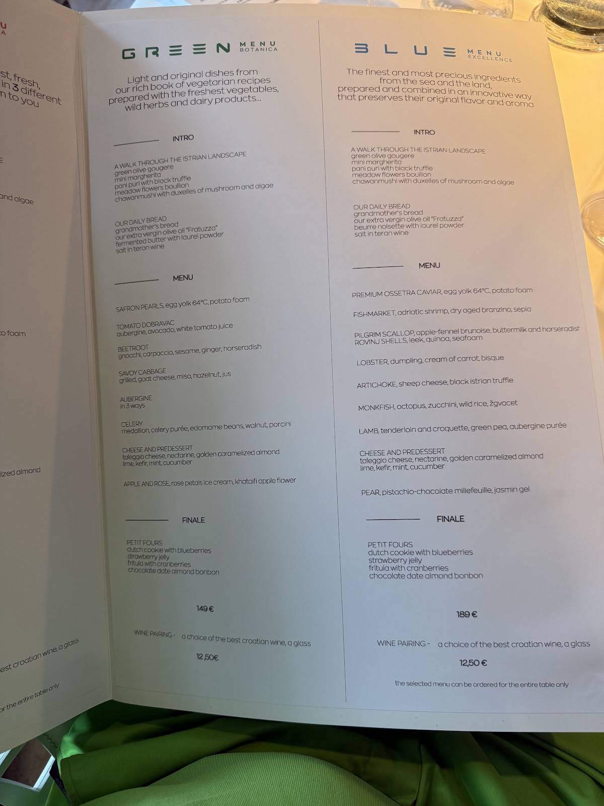 Menu at Monte restaurant, Rovinj