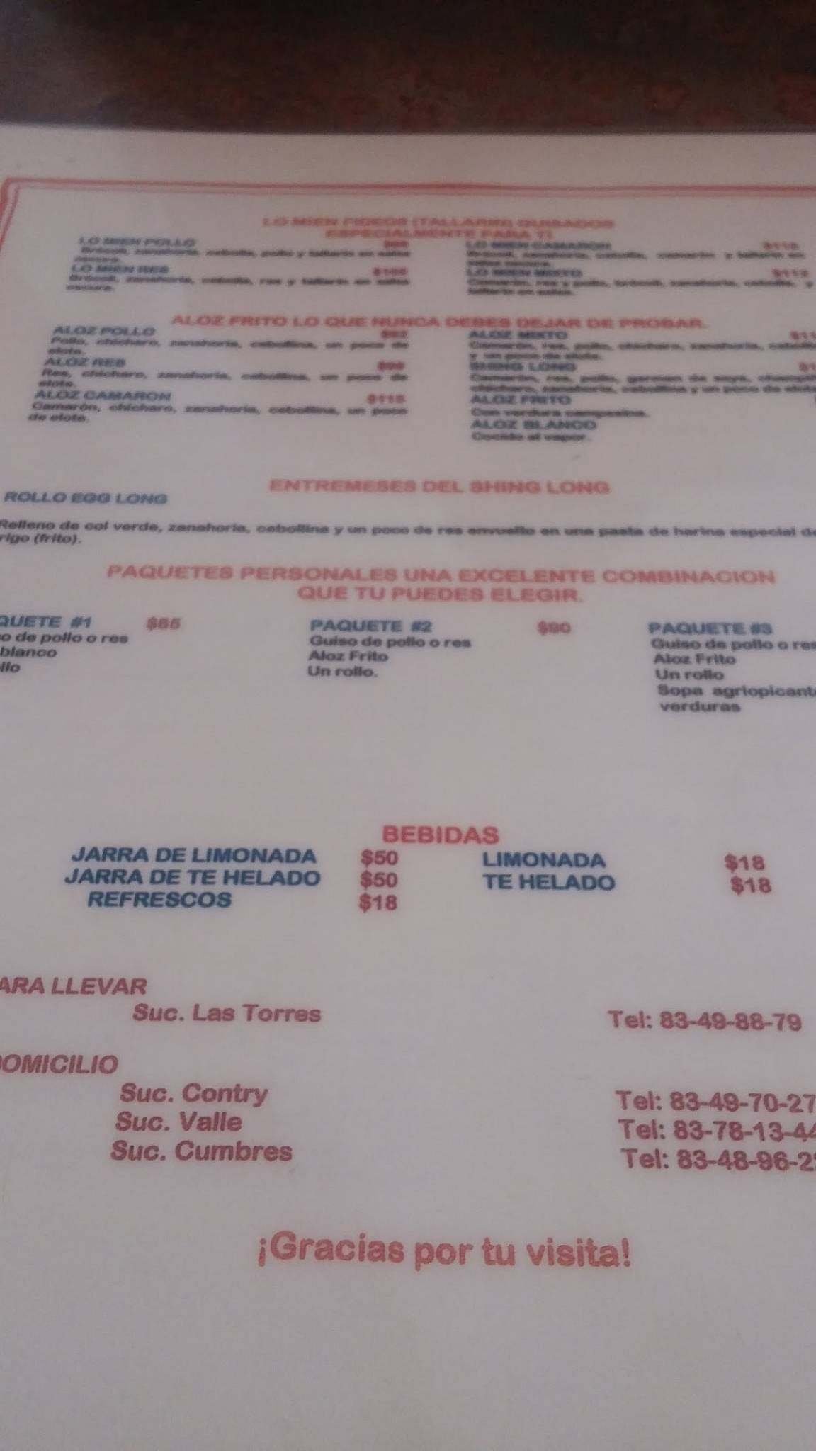 Carta del restaurante Shing Long, Monterrey, Av. Revolución 3448