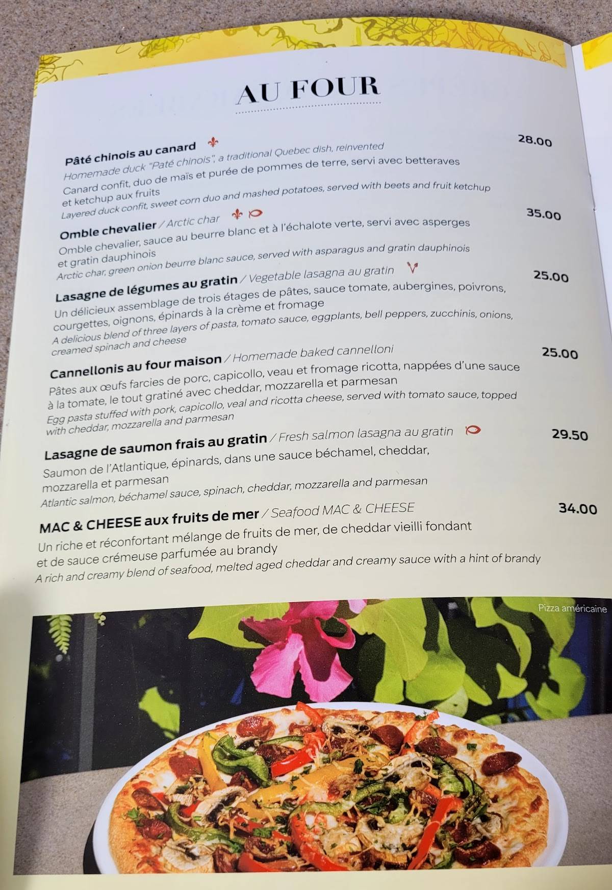 Menu au Jardin Nelson restaurant, Montréal