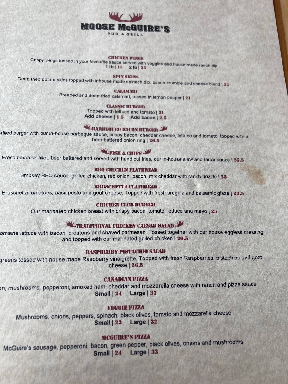 Menu at Moose McGuire's Brockville pub & bar, Brockville